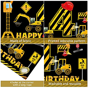 Construction 4th Birthday Banner Decorations for Boys Kids, Dump Truck Construction Theme Four Birthday Backdrop Party Supplies, Excavator Crane Digger Four Year Old Poster Sign