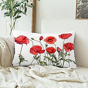 Velvet Decorative Rectangle Throw Pillow Cover Cushion Case Garden Red Poppies Opium Isolated Pretty Rural Wild Beautiful Many Summer On White Objects Vibrant Lumbar Pillow Case for Bed 12x20 Inch