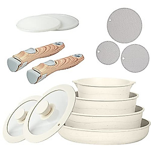 Caannasweis Pots and Pans Set Nonstick, Detachable Handle Cookware Sets, Stackable Induction Kitchen Cookware with Removable Handle, Non Stick RV and Camping Cookware, Dishwasher and Oven Safe, Beige