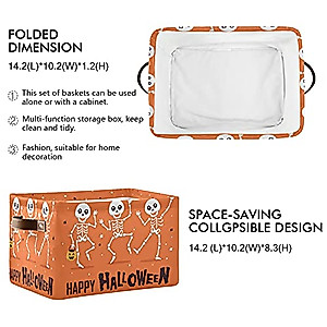 xigua Funny Halloween Skeleton Foldable Storage Basket for Shelves, Collapsible Waterproof Sturdy Fabric Storage Bin with Handles, Canvas Storage Cube for Organizing Shelf Nursery Home Closet 2PCS