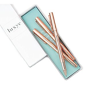 luxye Rose Gold Pens with Rose Gold Pen Cap 3 Pcs Pen Set - Rose Gold Metal Pens - Fine Point Black Gel Ink Cap Pens - Rose Gold Office School Wedding Supplies - In White Box for Women