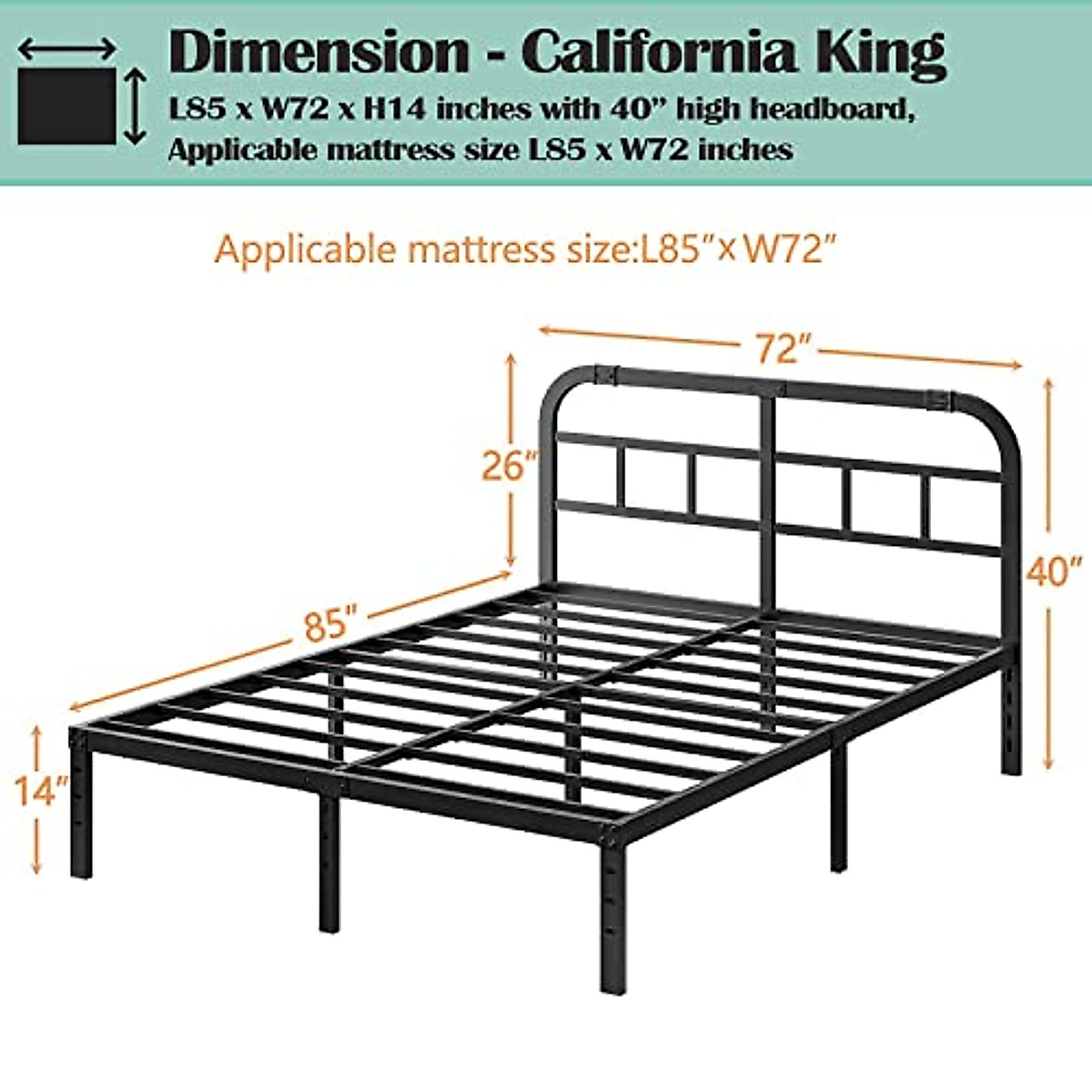 COMASACH California King Bed Frame with Headboard 14 Inch High 3500lbs Heavy Duty Steel Slats Support Cal King Bed Platform No Box Spring Needed, Noise-Free, Easy Assembly-Black