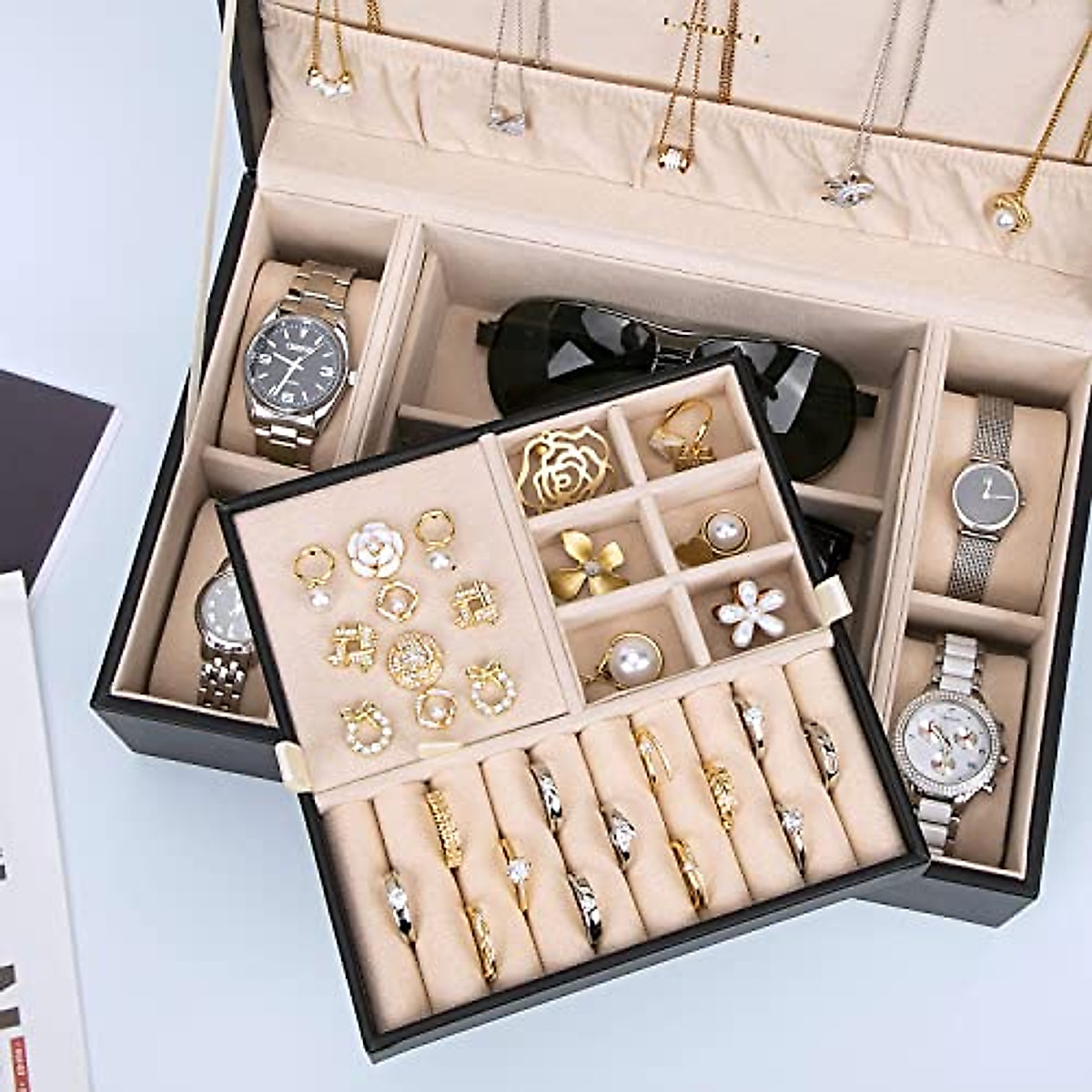 LANDICI Jewelry Box Organizer for Women Girls, Large 2 Layer Men Watch Case with Removable Tray, PU Leather Jewellery Storage Holder Display for Watches Sunglasses Rings Earrings Necklace, Black