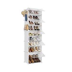VIPZONE 10-Tier Narrow Shoe Rack,20 Pairs Tall Shoe Cabinet Storage,Vertical Shoe Organizer for Closet,Entryway,Hallway, Bedroom,Shoe Storage with Door,Plastic Shoe Shelves,White