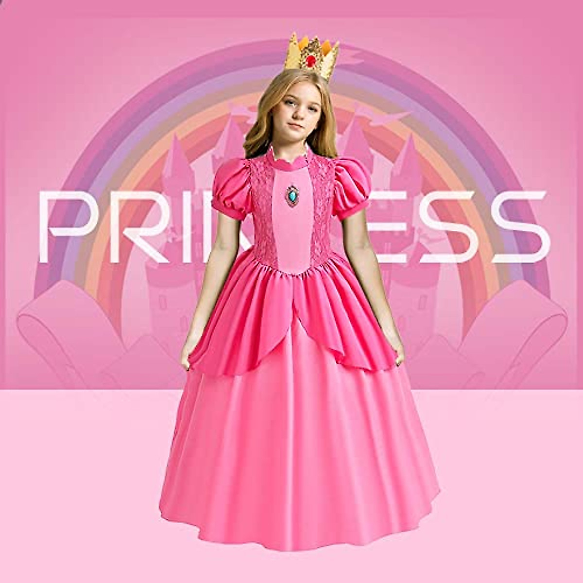 MOAGIS Kids Girl Princess Peach Costume Pink Dress Halloween Dress up Outfits with Crown Gloves Costumes for Girls, 4-5Y