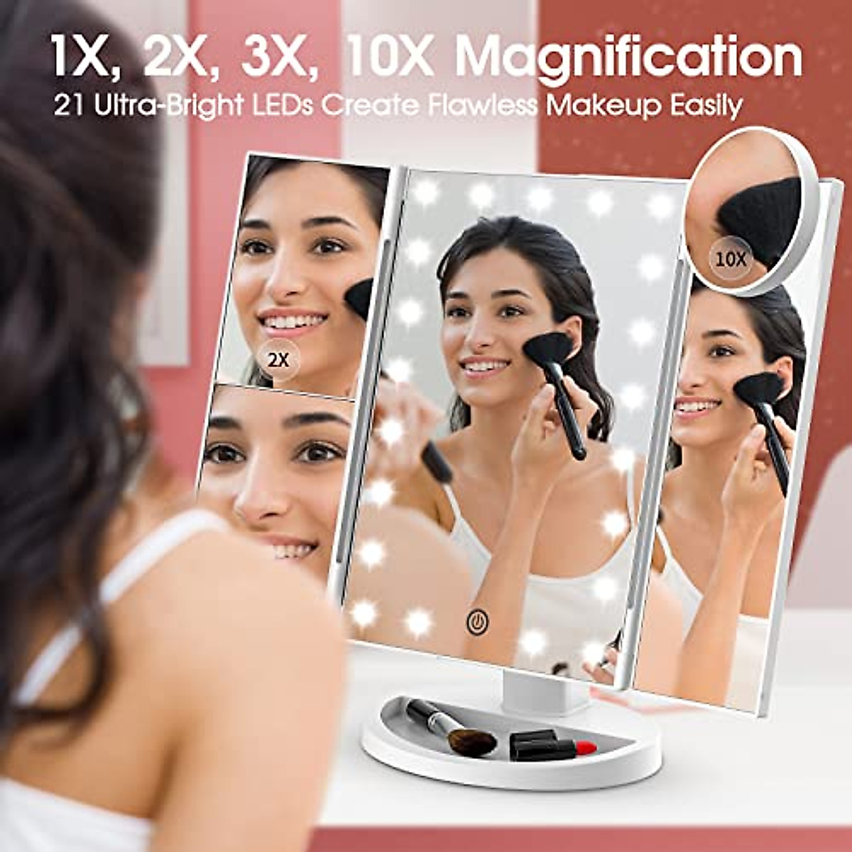Vanity Mirror with Lights, Lighted Makeup Mirror with 2X 3X 10X Magnification, 21 LED Trifold Compact Touch Dimming Light Up Mirror, Dual Power Supply, Gifts for Women (White)