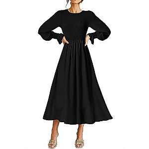 dowerme Women Casual Petal Long Sleeve Crewneck Smocked A-Line Flowy Solid Maxi Dress Fall Winter Party Cocktail Dresses(Solid Black,Large)