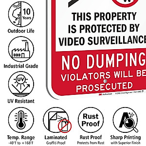 SmartSign 18 x 12 inch “Warning - No Dumping, Property Protected By Video Surveillance” Metal Sign, 63 mil Aluminum, 3M Laminated Engineer Grade Reflective Material, Red, Black and White