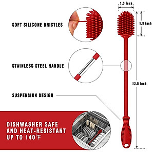 Silicone Bottle Cleaning Brush with Long Handle, BPA Free 12.5" Water Bottle Cleaner for Baby Bottles, Hydro Flask, Sports Bottle, Vase, Glassware, Perfect for Smaller Diameter Bottle Openings (Red)