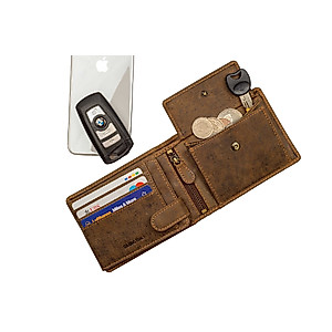 DiLoro Italy Full Size Mens Leather Wallet Bifold Flip ID Zip Coin Wallets with RFID Protection (Dark Hunter Brown With ID)