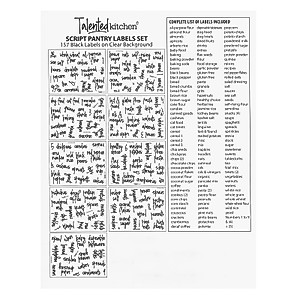 Talented Kitchen 157 Pantry Labels for Food Containers, Preprinted Clear Kitchen Food Labels for Organizing Storage Canisters & Jars, Black Script + Numbers Stickers (Water Resistant)