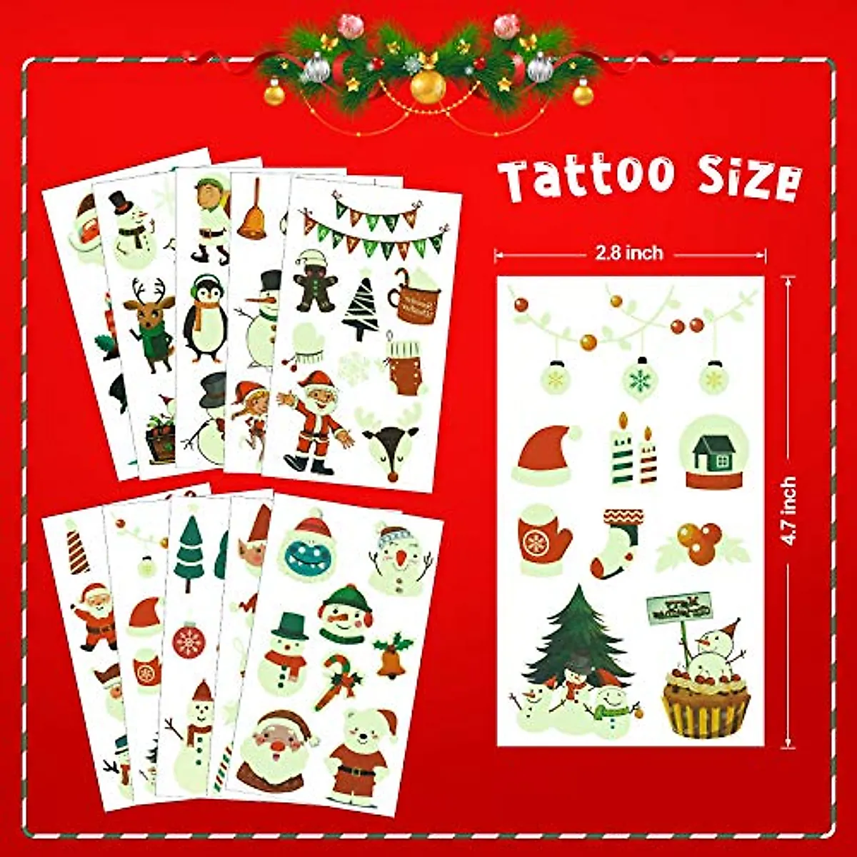 Christmas Temporary Tattoo Stickers, Luminous Xmas Tattoo Decal for Kids, Glow in the Dark Waterproof Fake Tattoos for Gift (10 Sheets)