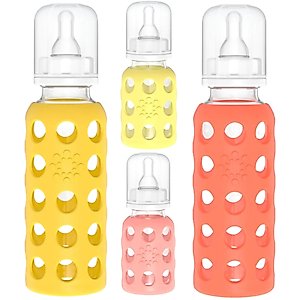Lifefactory Glass Baby Bottles with Silicone Protection - 4-PACK, 4 oz/9 oz Bottles, (1- Banana, 1- Mango, 1- Cantaloupe & 1- Papaya)