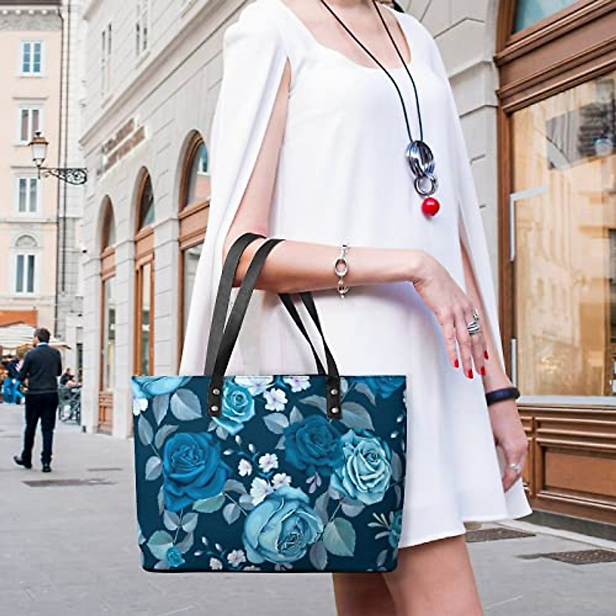 Womens Handbag Flowers Blue Leather Tote Bag Top Handle Satchel Bags For Lady