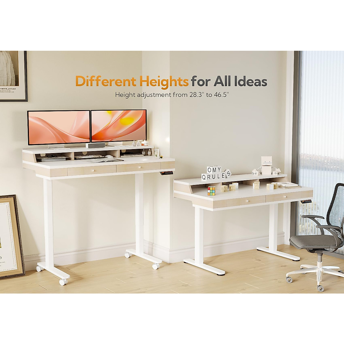 Claiks Standing Desk with Drawers, Electric Adjustable Standing Desk Adjustable Height, Sit Stand Up Desk with Storage Shelves & Wheels, 48 Inch White