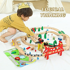 Joqutoys Wooden Train Set, 100 Pieces Toy Train Set for Toddlers 3+ Years Old, Train Tracks Toys with Tower Crane & Suspension Bridge, Fits All Major Brands