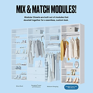 Hanging Closet Unit with Shelves - Modular Closet System for Hanging - Corner Closet System - Closet Organizers and Storage Shelves (White, 19.5 inches Wide) Closet Shelves