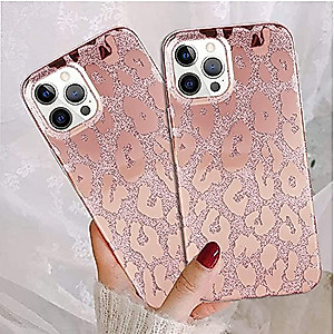 J.west Case Compatible with iPhone 12 Pro Max 6.7-inch, Luxury Saprkle Bling Glitter Leopard Print Design Soft Metallic Slim Protective Phone Cases for Women Girls TPU Silicone Cover Case Rose Gold