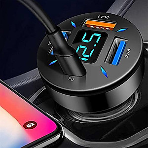 Wireless Adapter for Speakers to Receiver USB Car Quick Charger QC3.0 Adapter 66W Fast Charging Adapter For Lighter 4 Port USB PD QC 3.0 Car Charger LED Digital Display Real Time 8mm (Black, One Size)