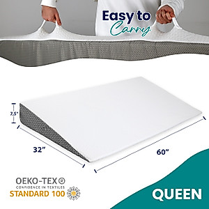 Under Mattress Wedge for Acid Reflux, Queen Size Bed Wedge, Under Mattress Support & Mattress Riser, Memory Foam Top 7.5-Inch Head Riser Incline Topper, Non-Slip Bottom & Side Storage Pockets