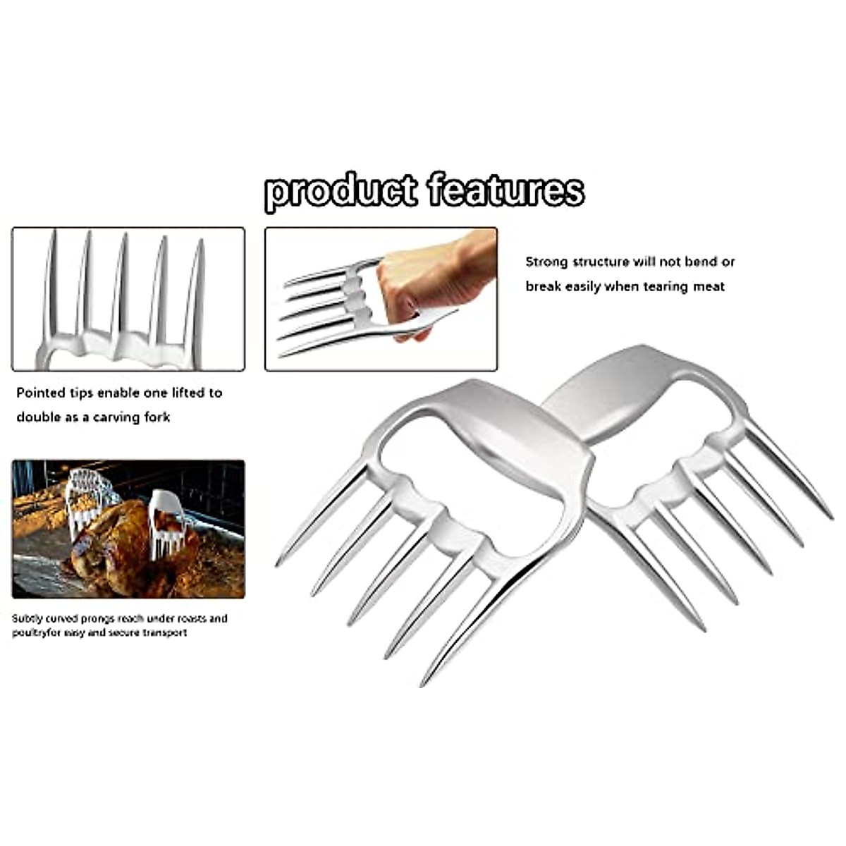 Stainless Steel Meat Claws Shredding & Heavy Duty Meat Shredder Tool - Meat Shredder Claws BBQ Tool for Shredding Meat, for Shredding Pulled Pork, Chicken, Beef, Turkey (Silver)
