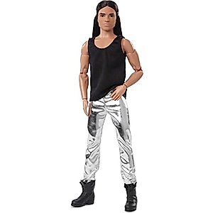 Barbie Signature Barbie Looks Ken Doll (Long Brunette Hair) Fully Posable Fashion Doll Wearing Black Tank Top & Metallic Pants, Gift for Collectors