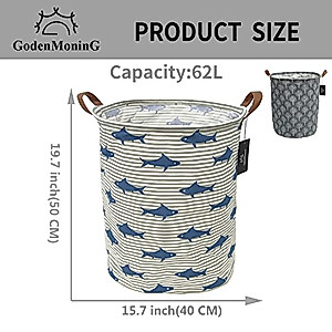 Collapsible Laundry Basket - GodenMoninG 2X 62.8L Large Sized Round Waterproof Storage Bin with Leather Handles,Home Decor,Toy Organizer,Children Nursery Hamper.(Grey Striped Shark & Grey Tree, 1+1)