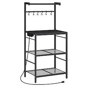 MAHANCRIS Bakers Rack with Charging Station, Microwave Stand with 6 S-Shaped Hooks, 4-Tier Storage Rack, Multifunctional Coffee Bar, for Kitchen, Dining Room, Charcoal Gray and Black BRHT35E01N1
