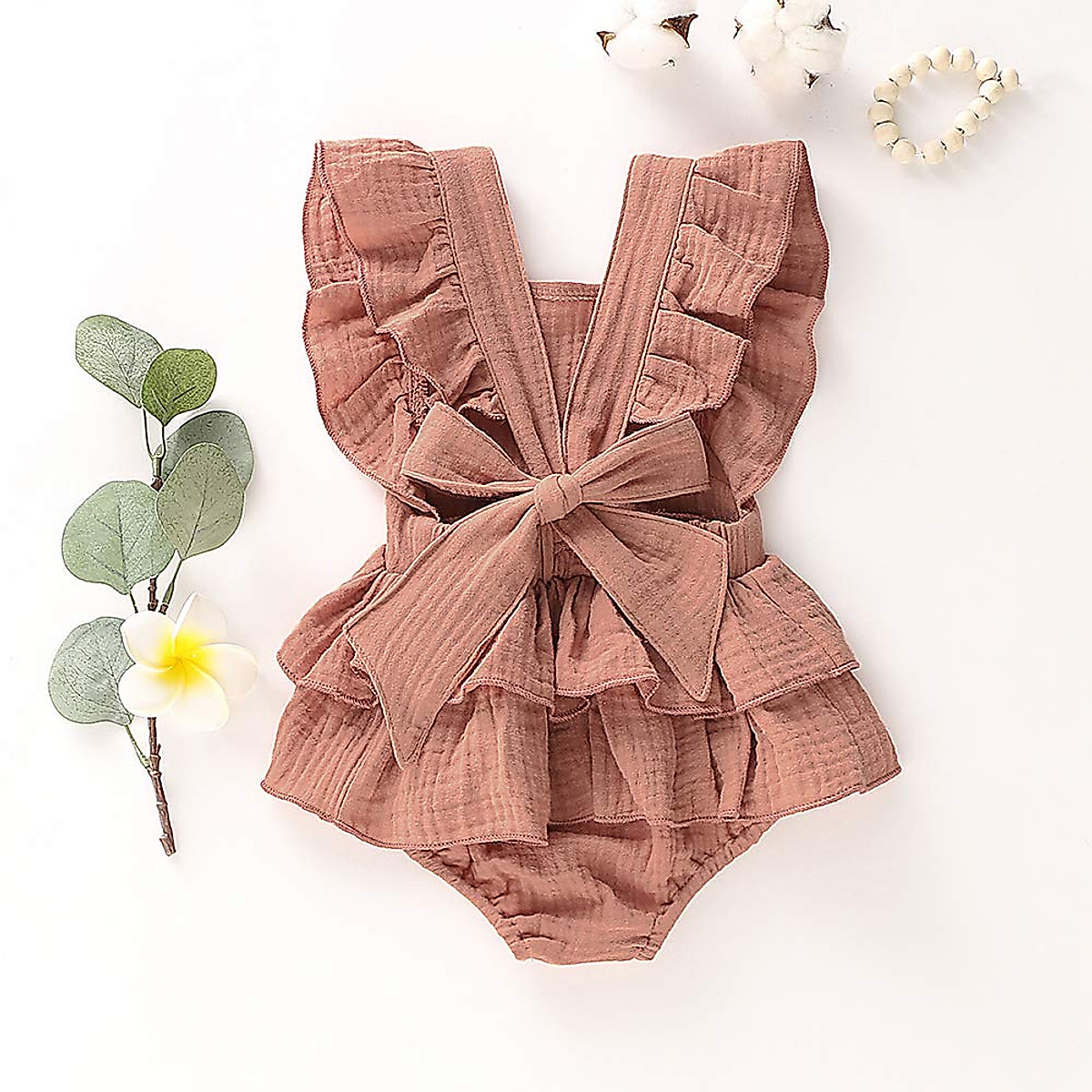 Douhoow Newborn Baby Girls Ruffle Romper Jumpsuit Bodysuit Baby Girl Summer Clothes Outfits (Khaki, 0-3 Months)
