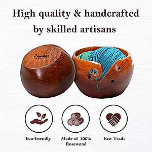 Yarn Bowl Wooden 6 inch by 3 inch Wooden with Free Travel Pouch and Wooden Crochet Hooks. Perfect Yarn Holder for Knitting and Crocheting