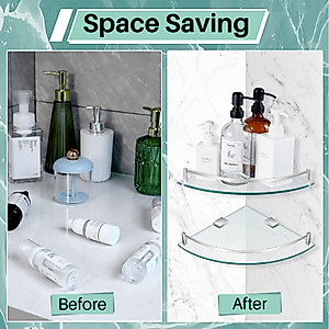 Gejoy 2 Pcs Glass Corner Shelf Glass Shower Shelves Bathroom Glass Shelf Floating Tempered Glass Shelves Wall Mounted Corner Organizer for Storing Bottle Shower Gel Shampoo Brush, 9.25 Inches