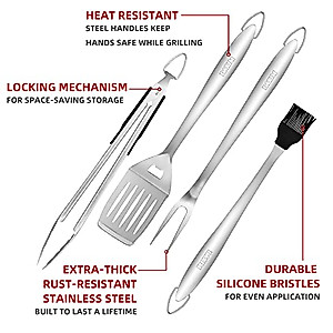 DAXJM Barbecue Tool Sets 4Pcs, Premium Stainless Steel BBQ Tongs, Spatula, Fork and Brush Grill Accessories Kit for Indoor Outdoor BBQ