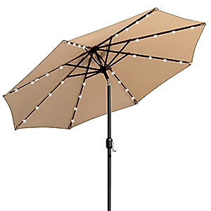 Sun-Ray 811001 9' Round 8-Rib Solar Lighted Patio Umbrella, 32 LED Lights, Push Button Tilt and Crank, Steel Frame, Taupe