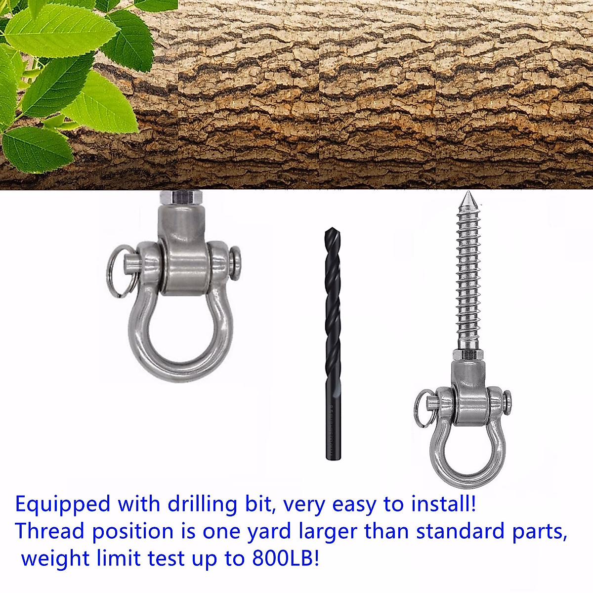 GW Gwongvvei 2 Pcs Screws,Permanent Antirust 304 Stainless Steel Bracket Heavy Duty 180° Swing Hangers, 1200LB Capacity Playground Yoga Hammock Rope Tire Web Chair Sandbag Punching Bag Swing Sets