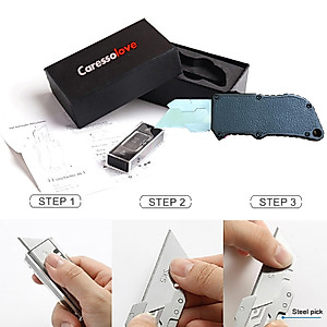 Caressolove Automatic Pocket Knife, Black Razor Blades Utility Knife, Box Cutters Retractable Heavy Duty, Premium Safety Push Button Knife with 5PCS Blades