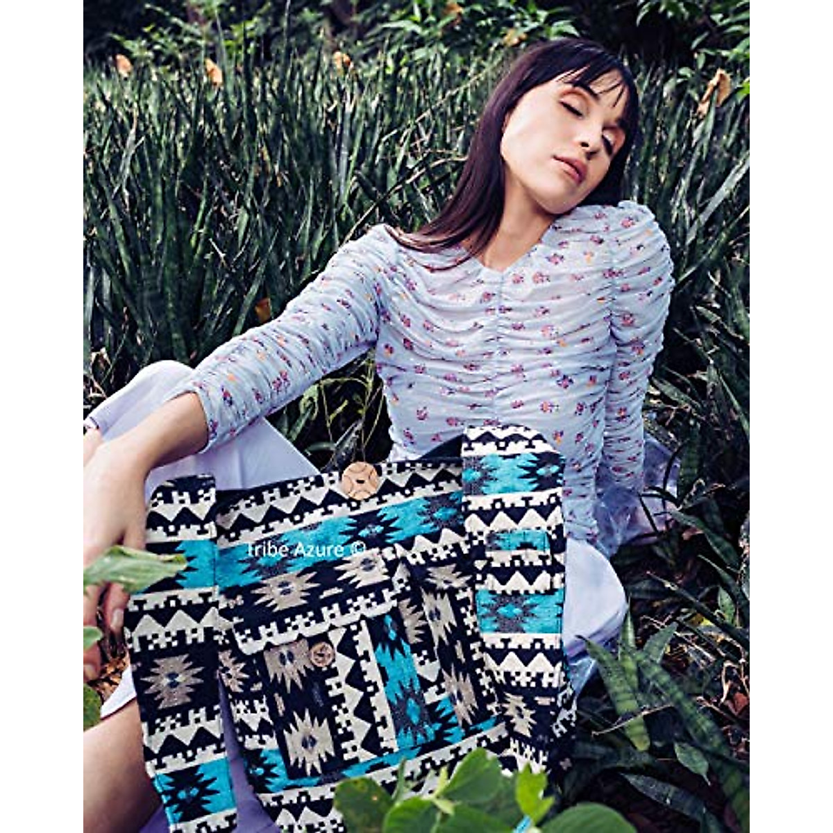 Tribe Azure Large Quilted Hobo Shoulder Bag Crossbody Sling Beach Travel (Blue Black)