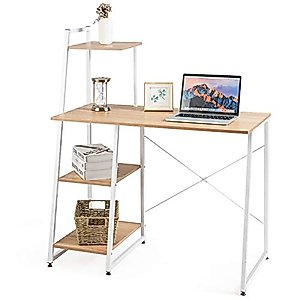 Tangkula Computer Desk with 4 Tier Shelves, Writing Desk Study Desk, Compact Computer Desk Workstation with X-Shaped Metal Frame & Adjustable Foot Pads, Home Office Desk (Natural)