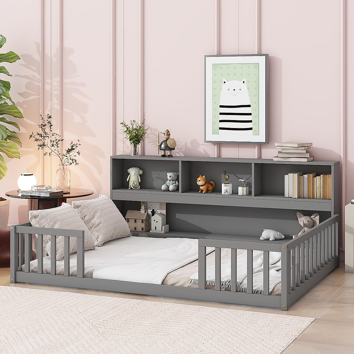 Harper & Bright Designs Full Size Floor Bed with Bedside Bookcase, Shelves, Guardrails, Wood Montessori Bed with Storage, Grey
