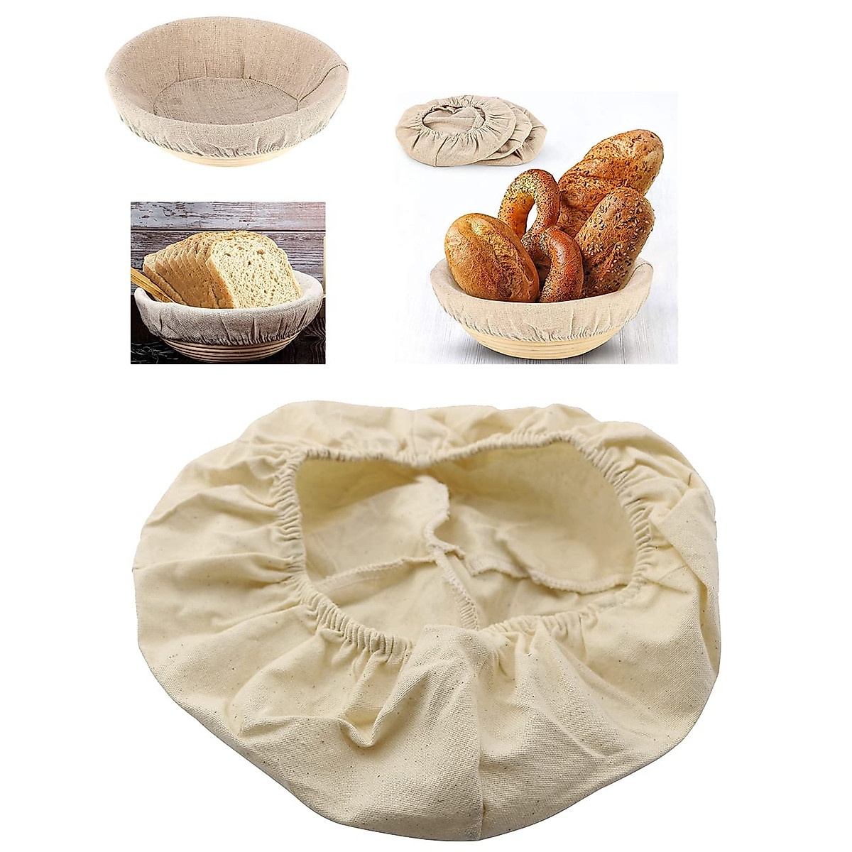LQ Industrial 3pcs Round Bread Proofing Basket Cloth Liner 10" Rattan Baking Dough Basket Cover Natural Rattan Banneton Proofing Cloth