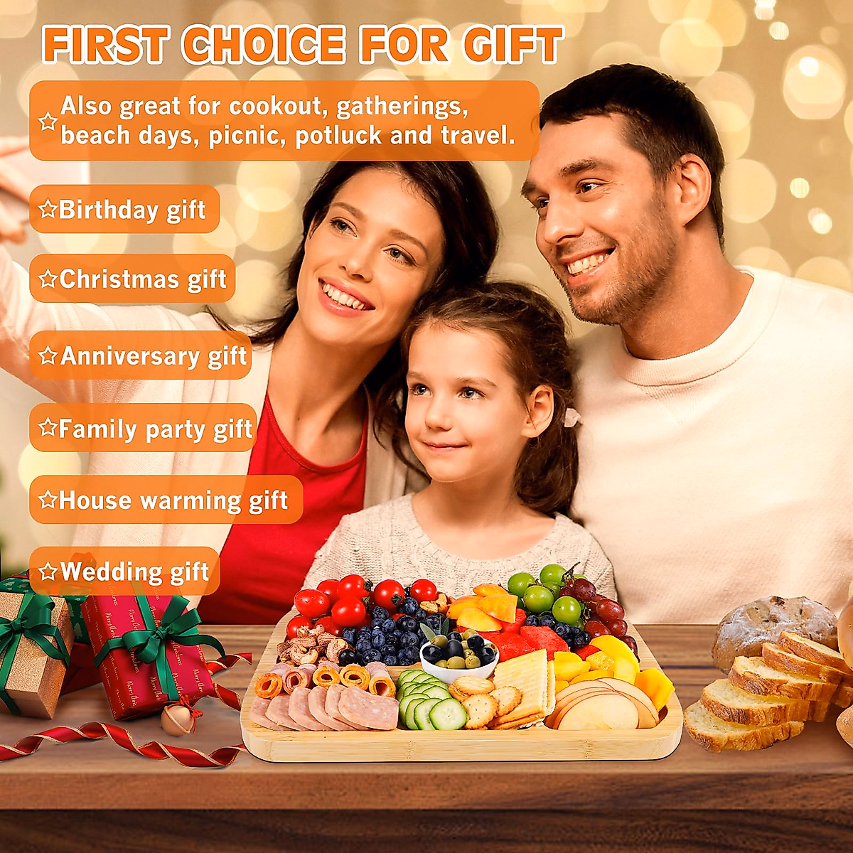 Portable Charcuterie Board with Lid for Travel, Bamboo Charcuterie Cheese Board with Cover Compartments, To Go Charcuterie Box Serving Tray Board Set with Clear Locking Lid for Party Picnic Meat Snack