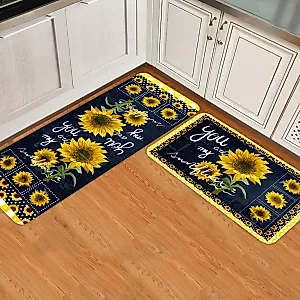Sunflower Kitchen Rugs and Mats Set of 2 Area Runner Farm Floral Floor Bath Rugs Comfort Soft Standing Doormat Non Slip Carpet Black and Yellow