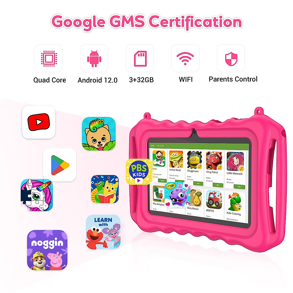 Tablet for Kids,7 inch Tablet for Toddlers 3GB RAM 32GB ROM, Android 12.0 Kids Tablet with Dual Camera, WiFi, Bluetooth, Parental Control, Shockproof Case, YouTube, Netflix,Toddler Tablet for Children