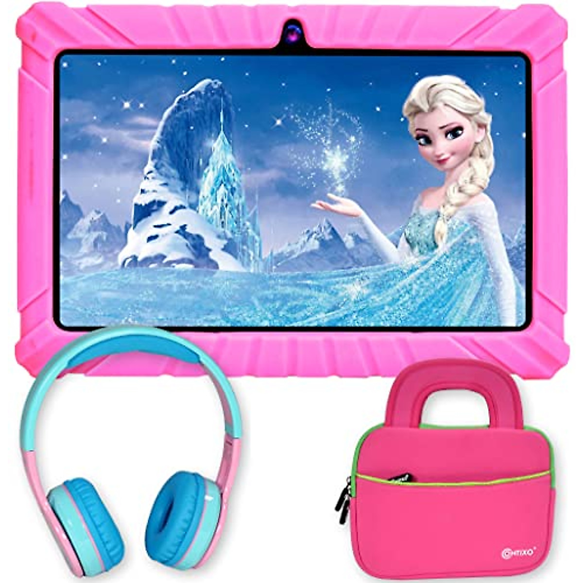 Contixo 7 inch Kids Learning Tablet Bundle - 32GB Storage, Bluetooth, Android, Dual Cameras, Parental Control, Kids Bluetooth Headphone & Tablet Bag - Pink