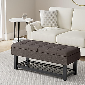 SIMPLIHOME Saxon 43 Inch Wide Transitional Rectangle Storage Ottoman Bench in Fawn Brown Linen Look Fabric, For the Living Room and Bedroom