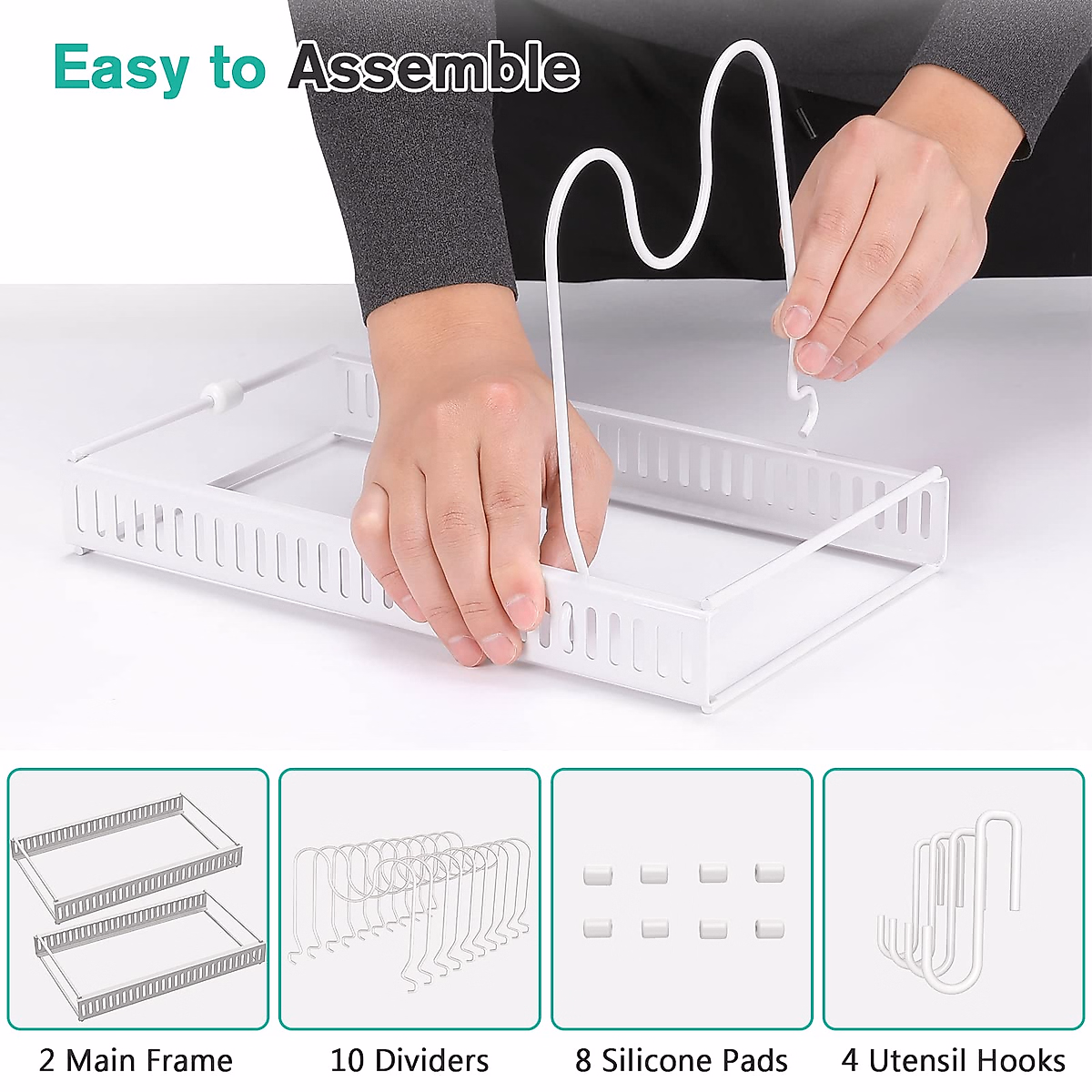 Puricon Expandable Pot and Pan Organizer for Cabinet with 10 Dividers, Adjustable Pots and Pans Organizer Rack Pan Lid Cookware Bakeware Baking Storage Holder for Kitchen Countertop Pantry -White