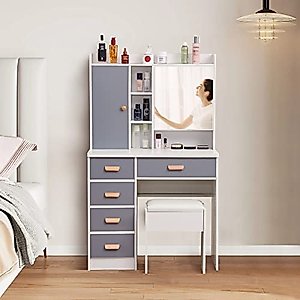 meolanov Large Vanity Desk Set with Mirror, Makeup Dressing Table with Hidden Shelves & Cushioned Stool & 5 Drawers, White for Women Girls Bedroom