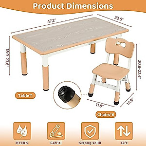Arlopu Kids Table and 6 Chairs Set, Height Adjustable Graffiti Table, Preschool Activity Art Craft Table, for Daycare Classroom Home Boys and Girls Age 3-12 (Beige)