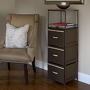 Household Essentials 2-Tier Storage Chest of Drawers Bronze Frame Wood Grain Top and 4 Brown Storage Bins with Natural Jute Trim