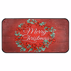 Christmas Kitchen Rugs, Merry Christmas Wreath Red Doormat Bath Rugs Mat Non Slip Area Rugs for Bathroom Kitchen Indoor 39" X 20"