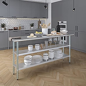 72" Long X 18" Deep Stainless Steel Work Table with 2 Shelves | Metal Food Prep Station | Commercial & Residential NSF Utility Table